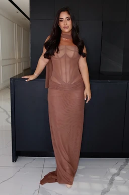 שמלת ערב מקסי במידה 38 בצבע חום ללא שרוולים- Gal ohayon